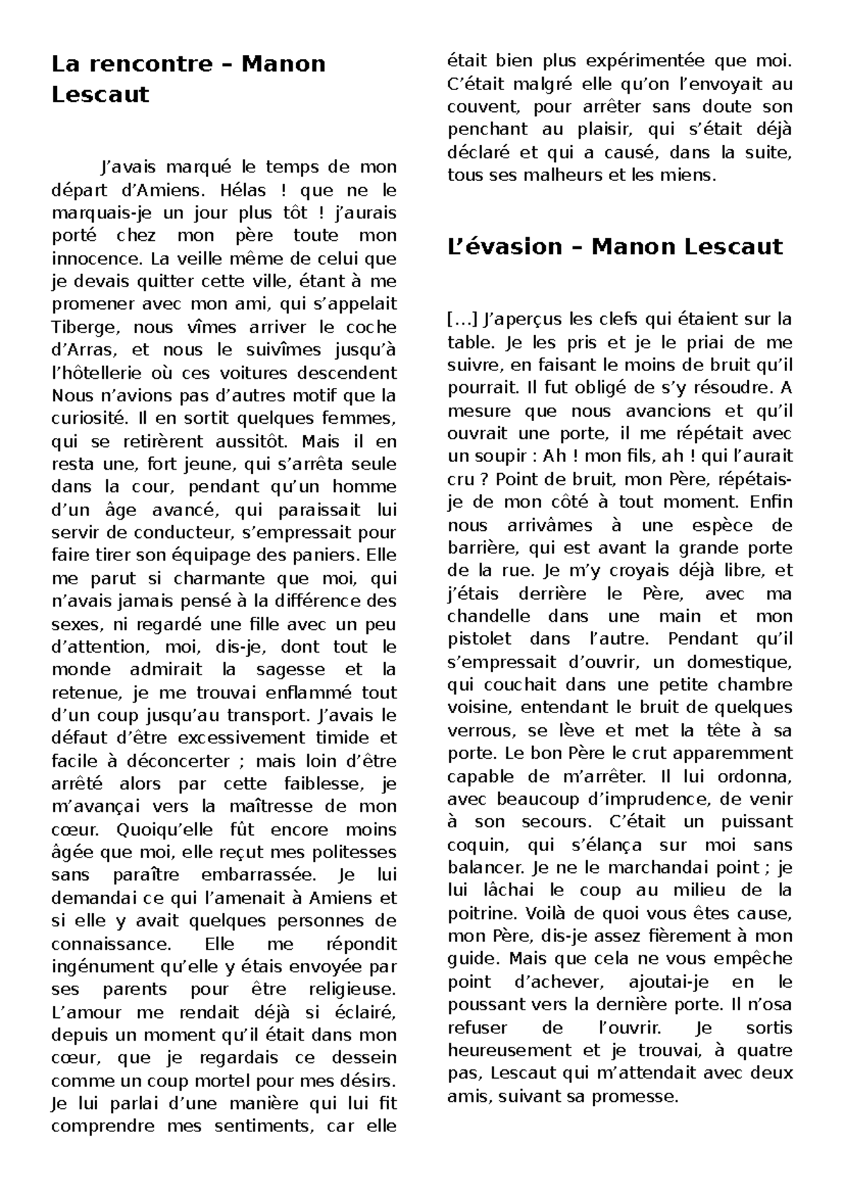 Manon Lescaut: Analyse des Textes - Rencontre et Évasion - Studocu