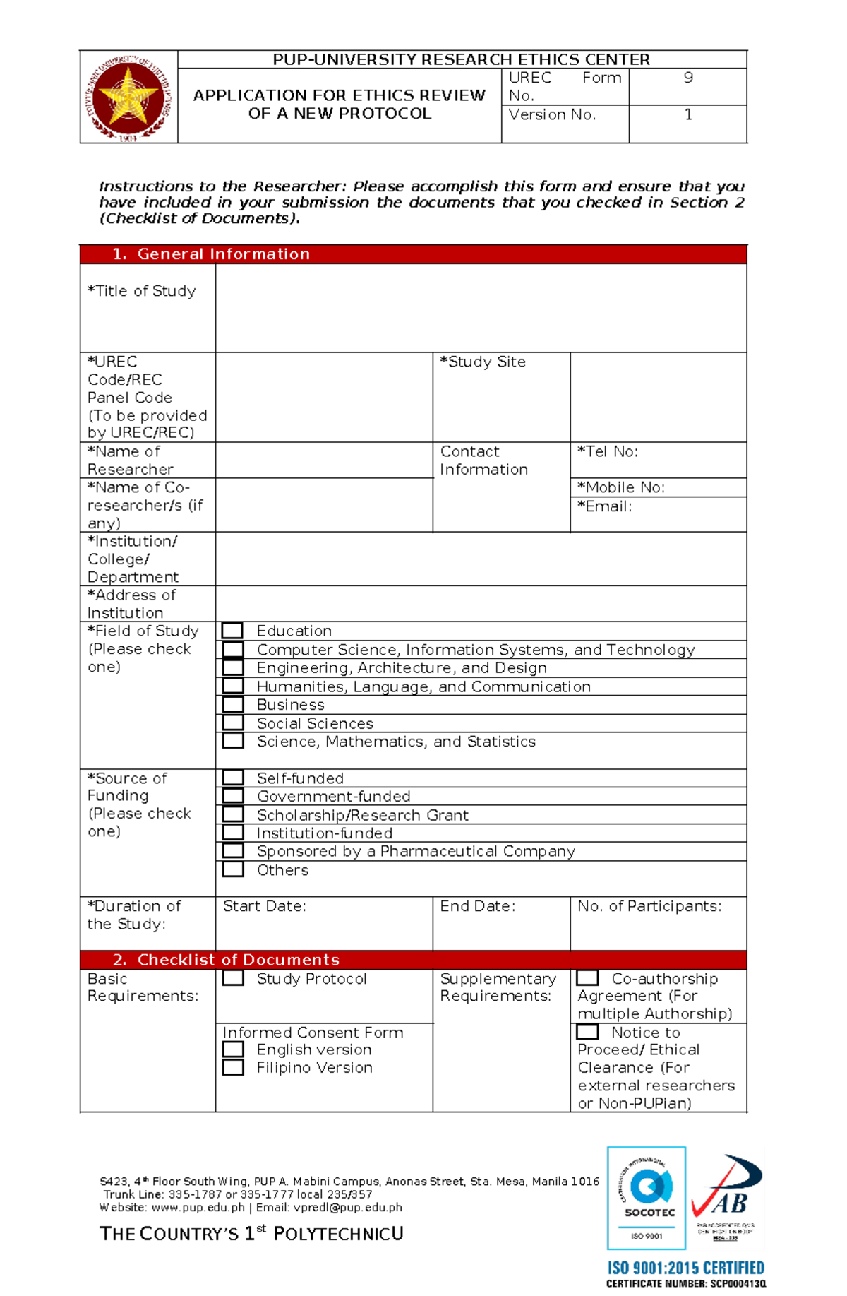 UREC Form 9: Ethics Review Application for New Protocol Submission ...