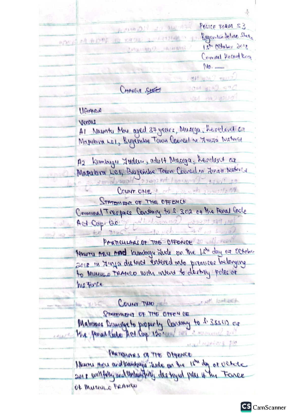 POLICE FORM s3: Criminal Record - Uganda vs. Nkuntu & Kumbugu - Studocu