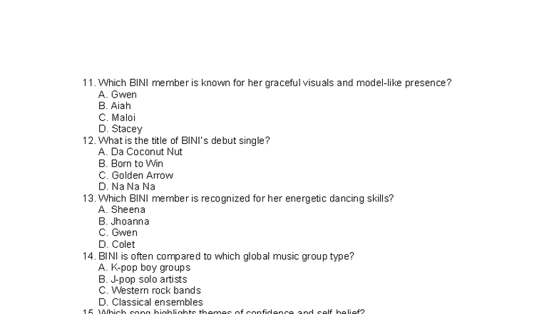 BINI Quiz: Member Traits and Song Themes Analysis - Studocu
