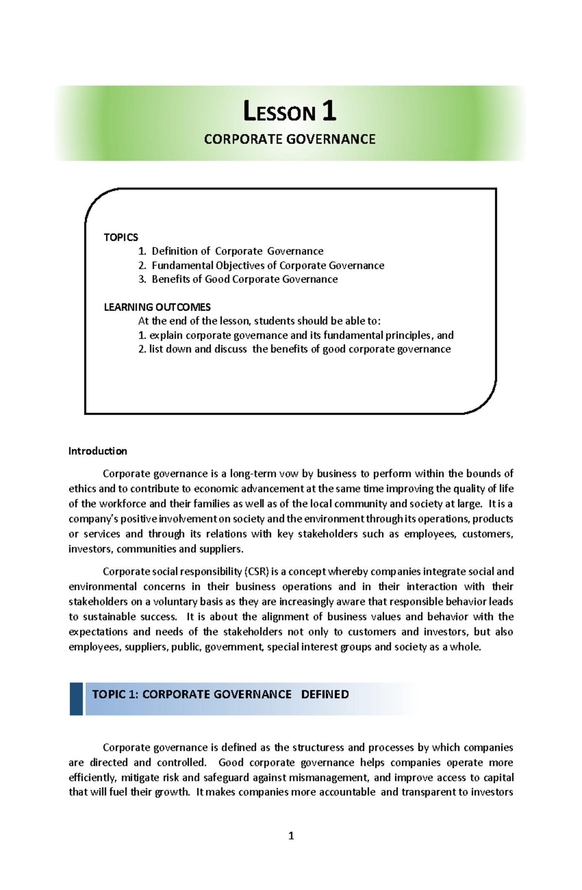 LESSON 1: CORPORATE GOVERNANCE AND SOCIAL RESPONSIBILITY - Studocu
