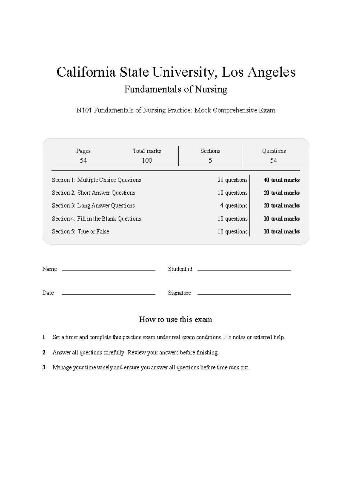 NURS 1100 Fundamentals of Nursing Cal State LA: Practice Test 2026 ...