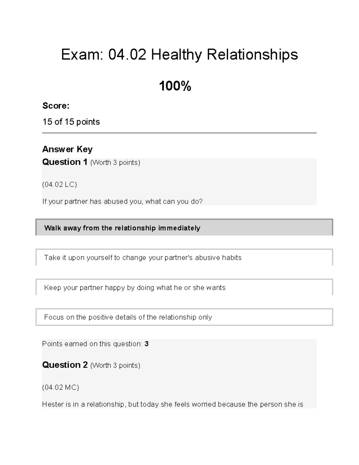 04.02 Healthy Relationships Exam Answer Key - HOPE Insights - Studocu