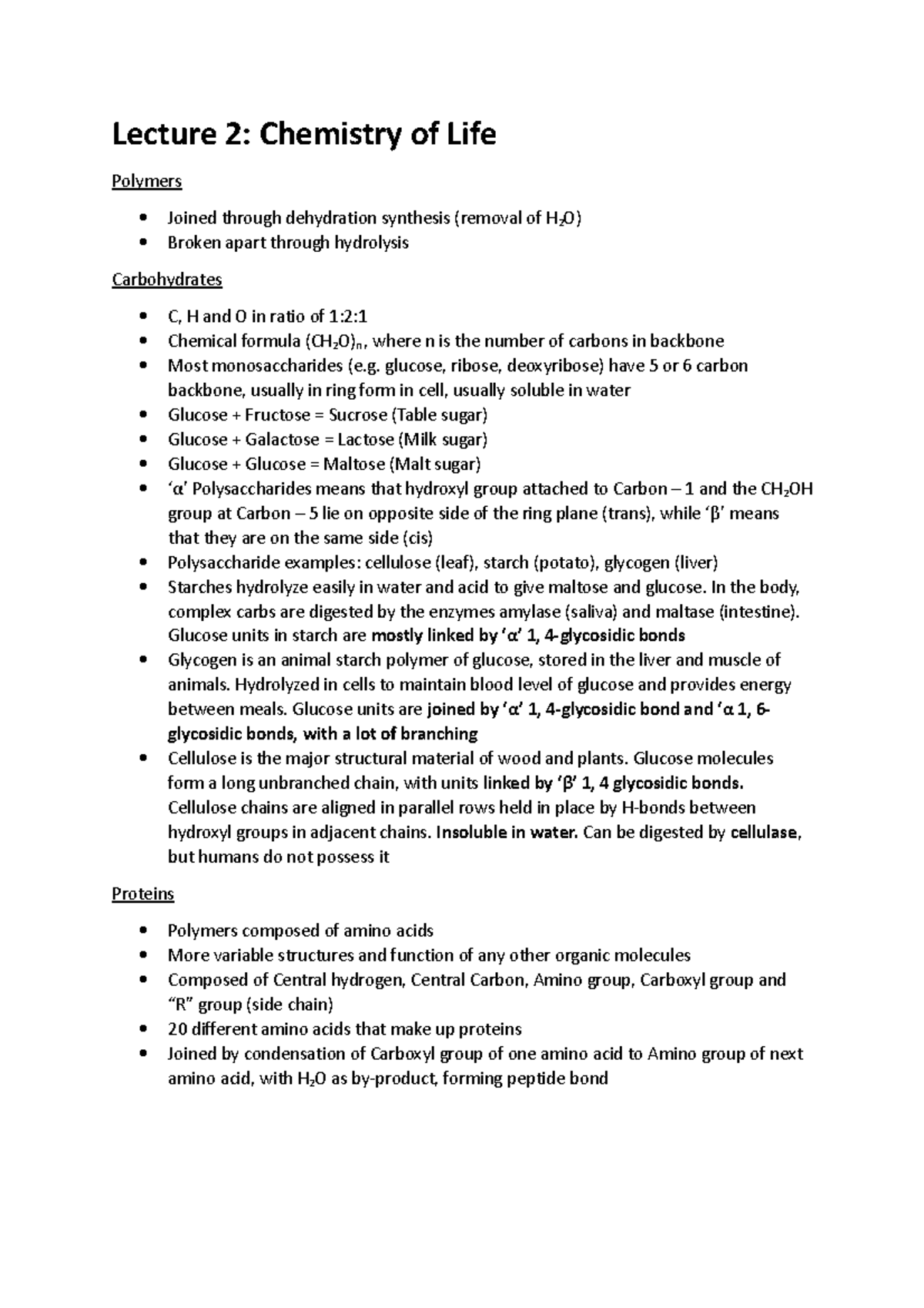 Lecture 2: Chemistry of Life - Key Concepts and Notes - Studocu