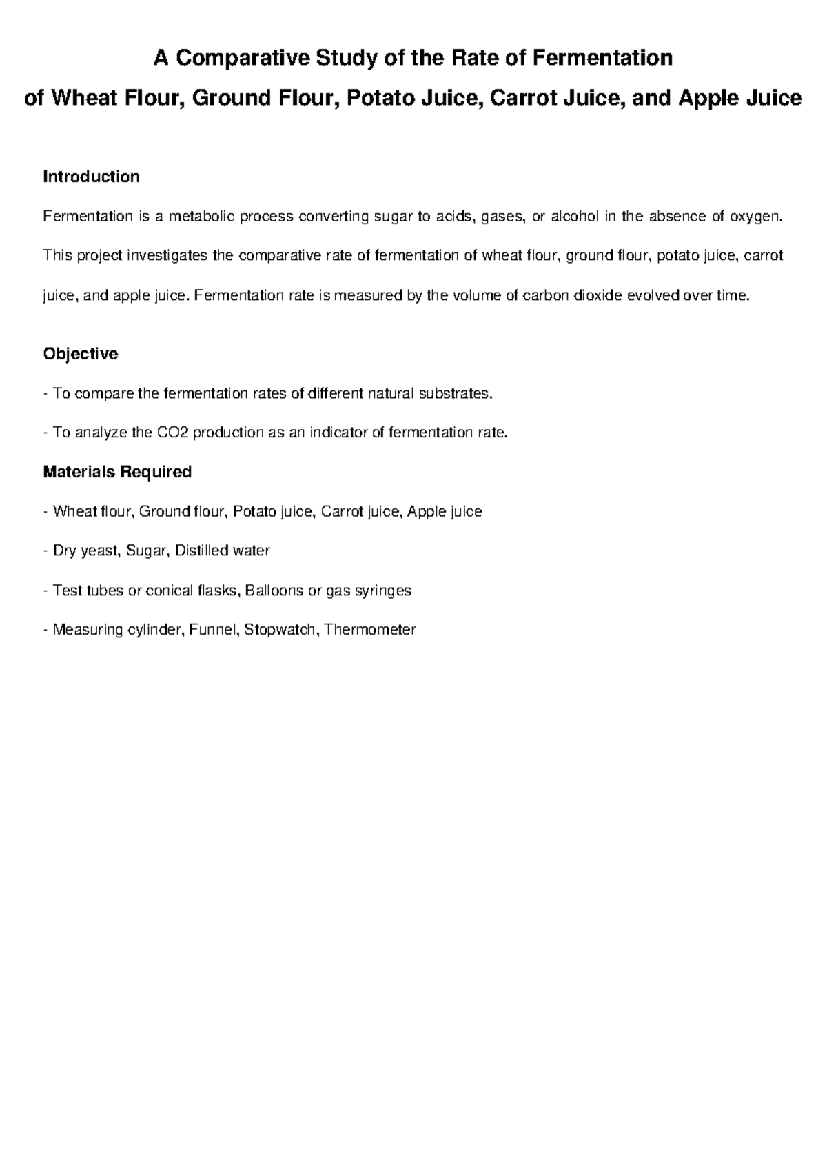Comparative Study of Fermentation Rates: Wheat Flour & Juices - Studocu