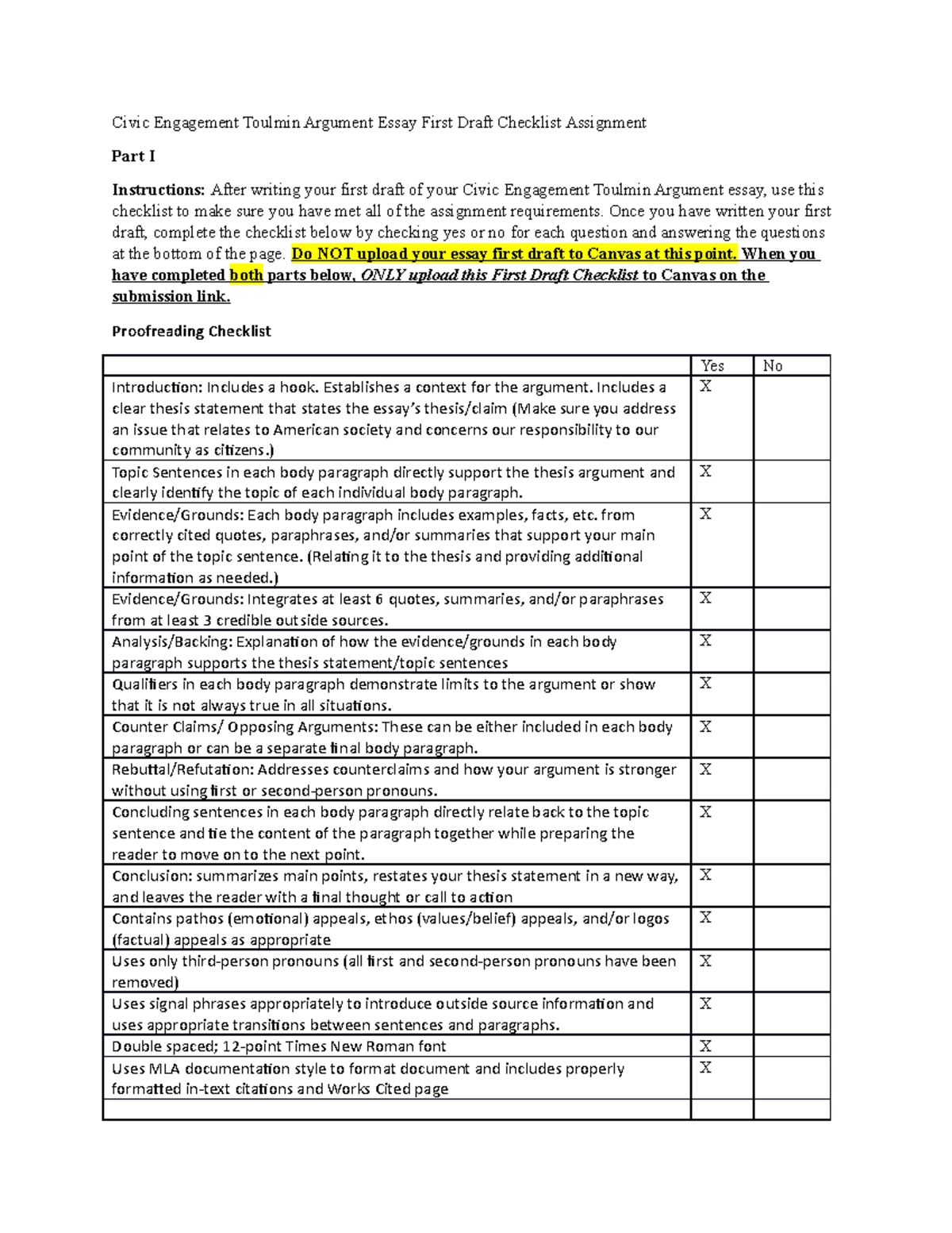 Civic Engagement Essay First Draft Checklist Assignment - Civic Engagement Toulmin Argument ...