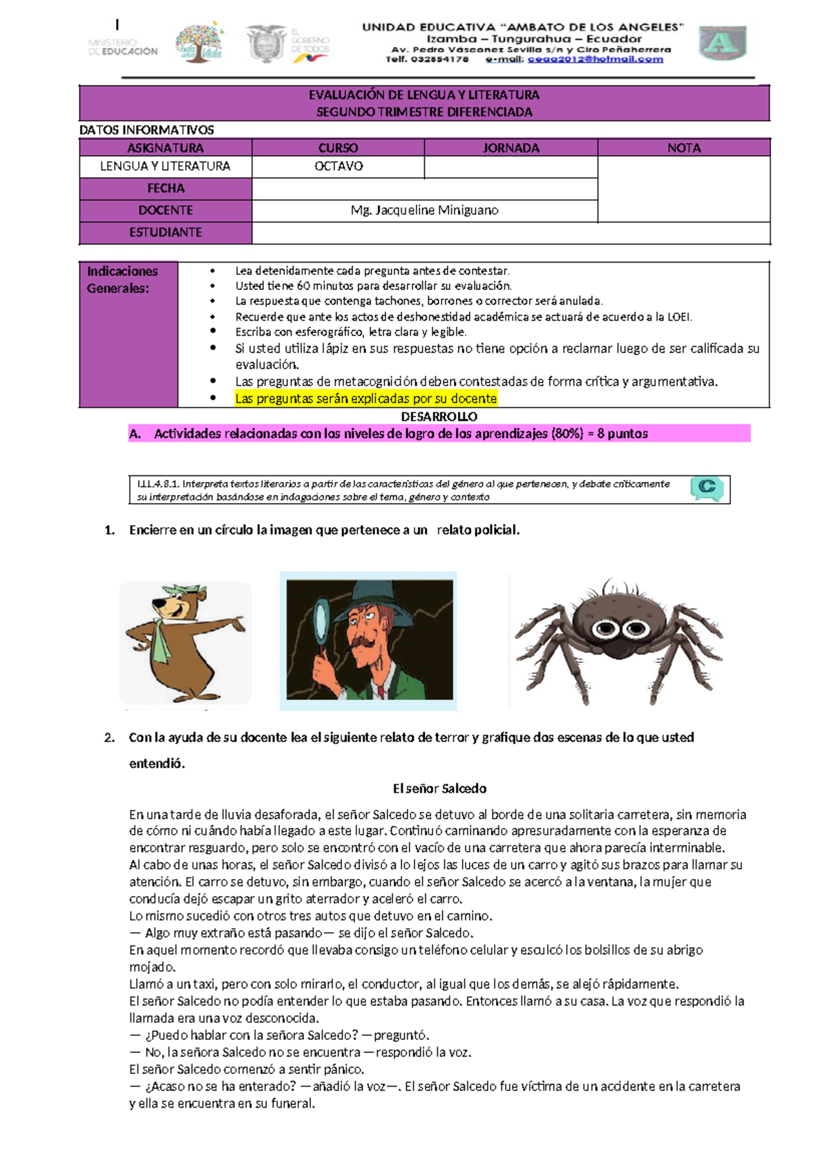 Evaluación 2DO TRIM. Lengua y Literatura 8VO - Diferenciada - Studocu