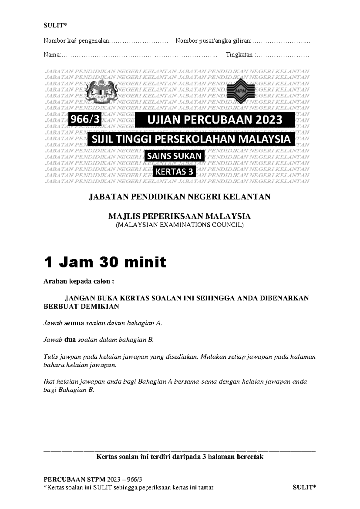 Soalan Percubaan STPM 2023 - Sains Sukan Kertas 966/3 - Studocu