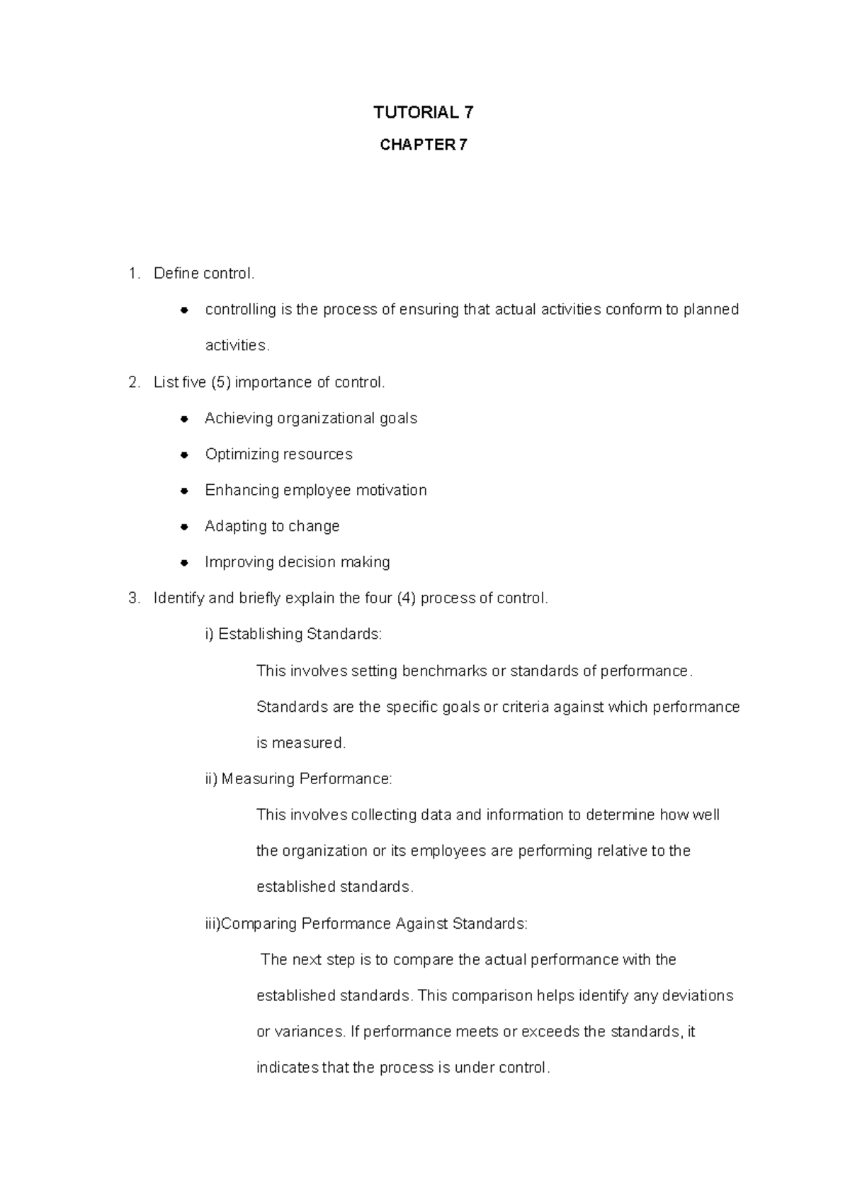 Tutorial 7 New - TUTORIAL 7 CHAPTER 7 1. Define control. controlling is ...