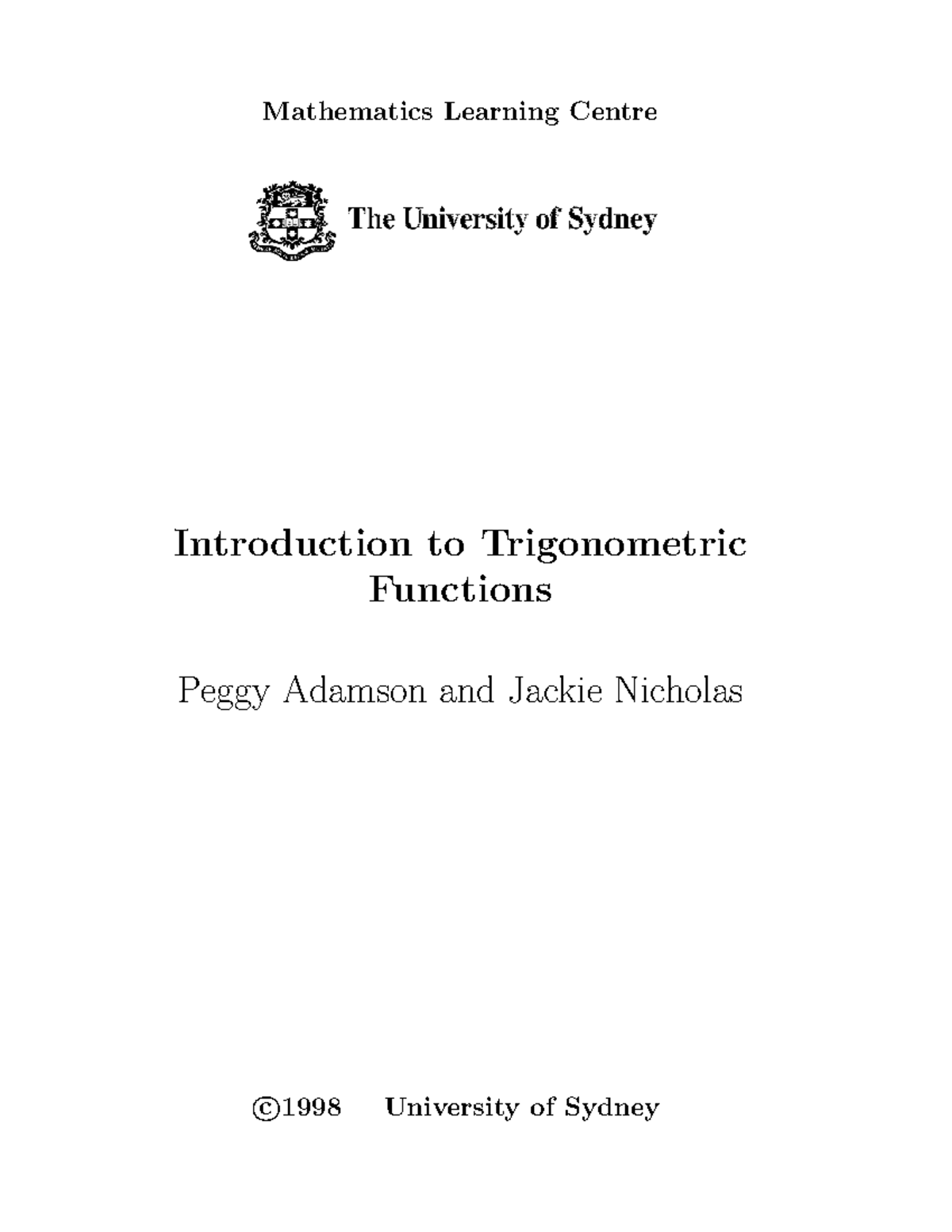 Mathematics Learning Centre: Intro to Trigonometric Functions (MATH101 ...