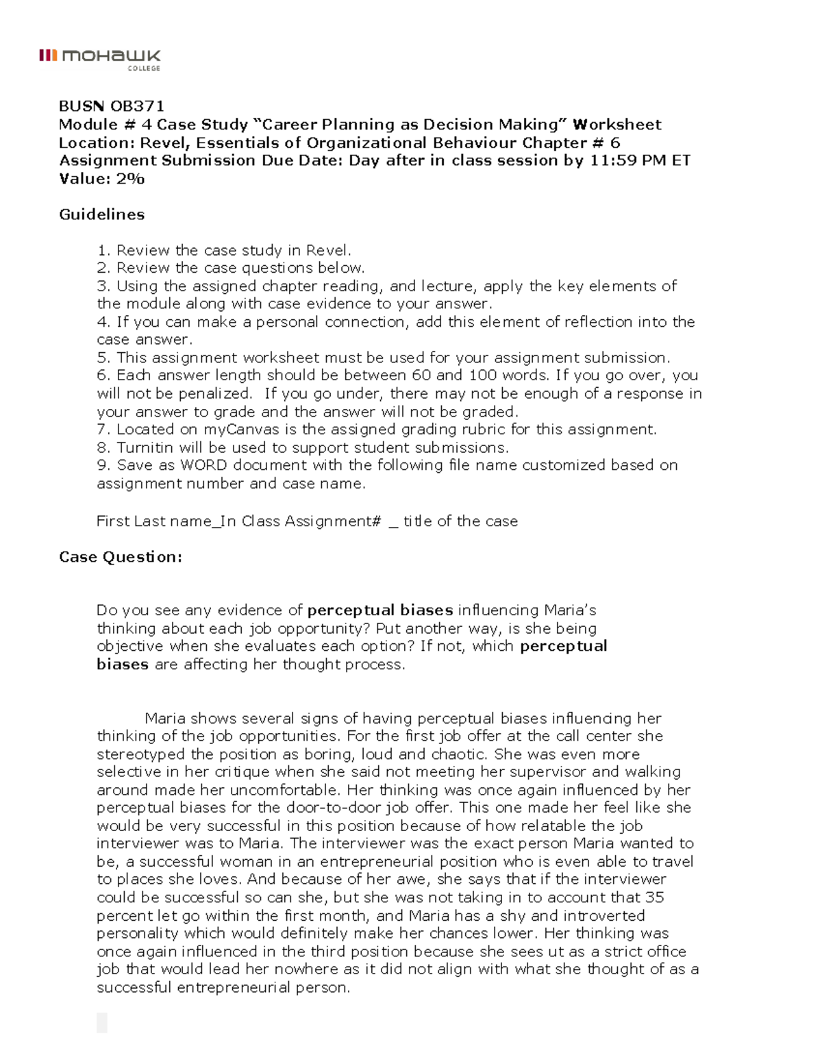 Module # 4 Case Study “Career Planning as Decision Making” done ...