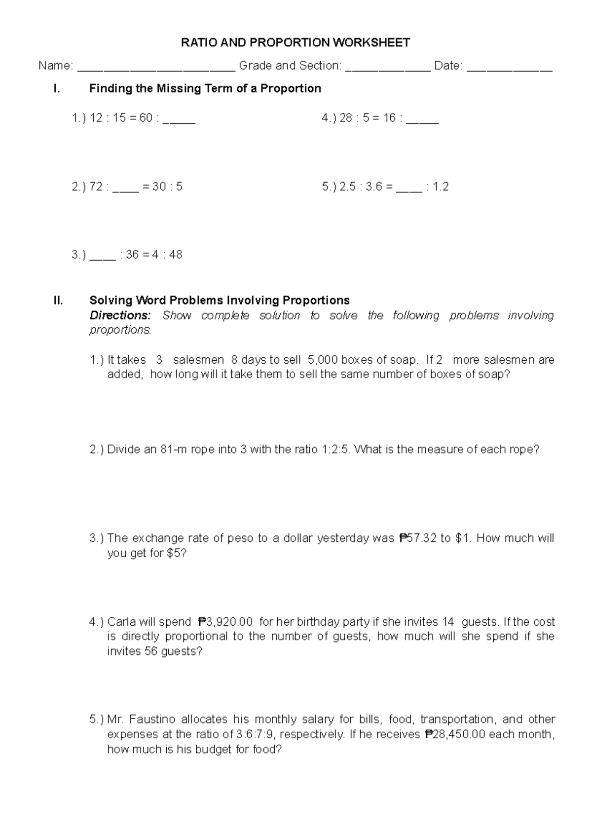 RATIO AND PROPORTION WORKSHEET: Exercises & Word Problems - Studocu