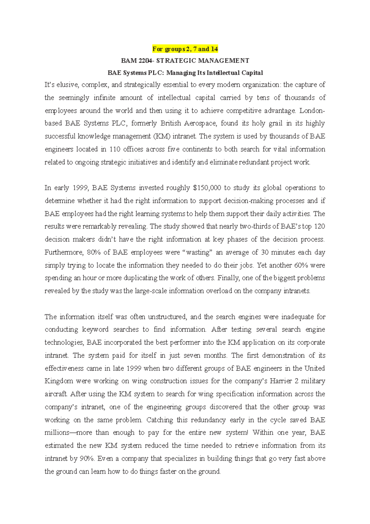 Case Study on BAE Systems' KM Strategy (BAM 2204) for Groups 2, 7, 14 ...