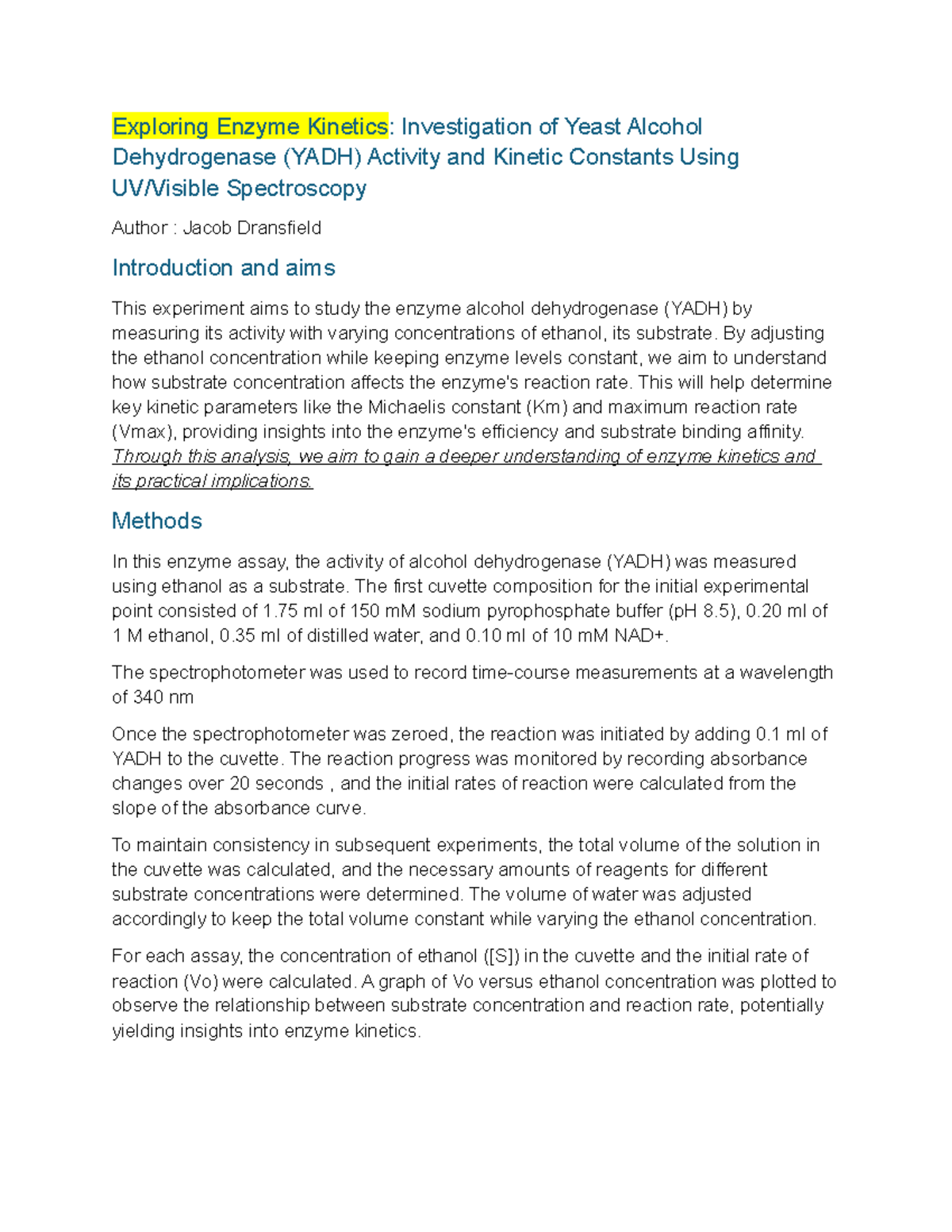 Enzyme Kinetics Lab Report: YADH Activity & Kinetic Parameters Analysis ...