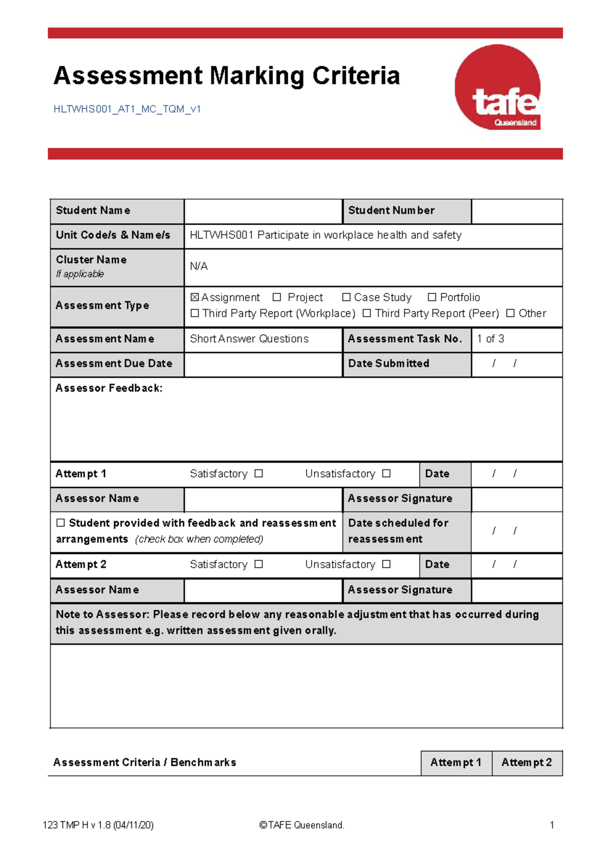 HLTWHS001 AT1 Marking Criteria for WHS Assessment Tasks - Studocu