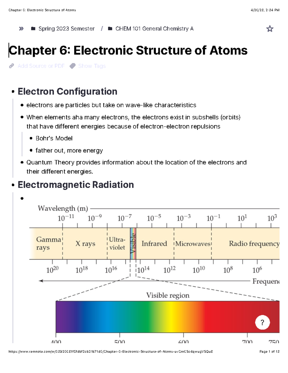 Chapter 6-Electronic Structure of Atoms - Spring 2023 Semester CHEM 101 General Chemistry A ...