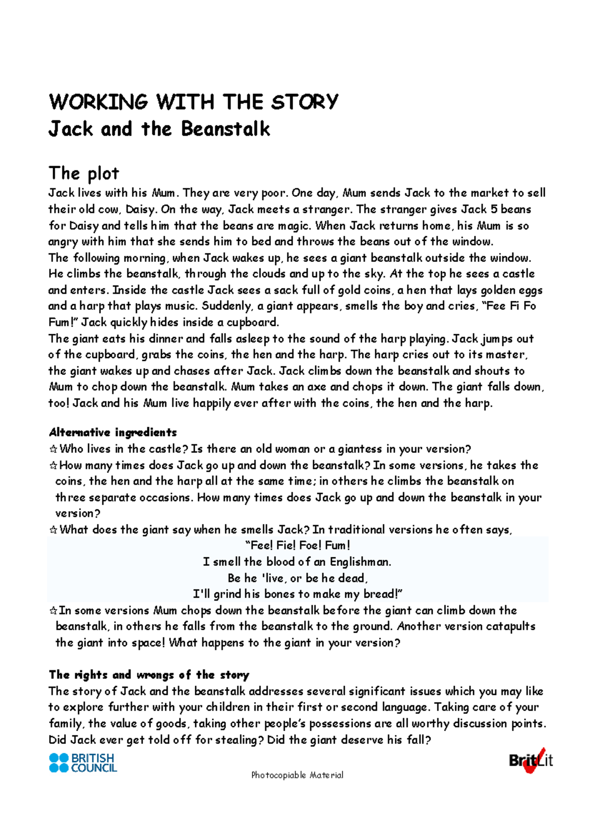 Working with the Story: Jack and the Beanstalk - Language Teaching ...