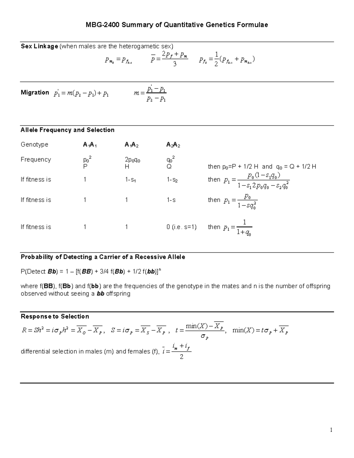 MBG 2400 Quantitative Genetics Formula Sheet Summary - Studocu