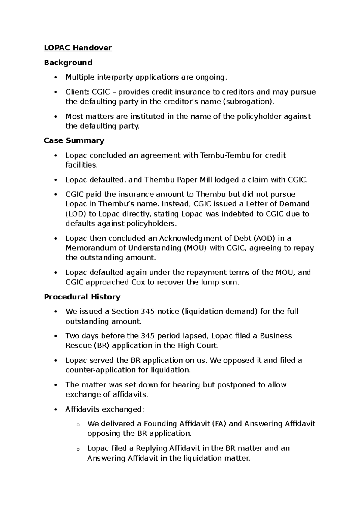 LOPAC Handover Case Study: Credit Insurance & Legal Proceedings - Studocu