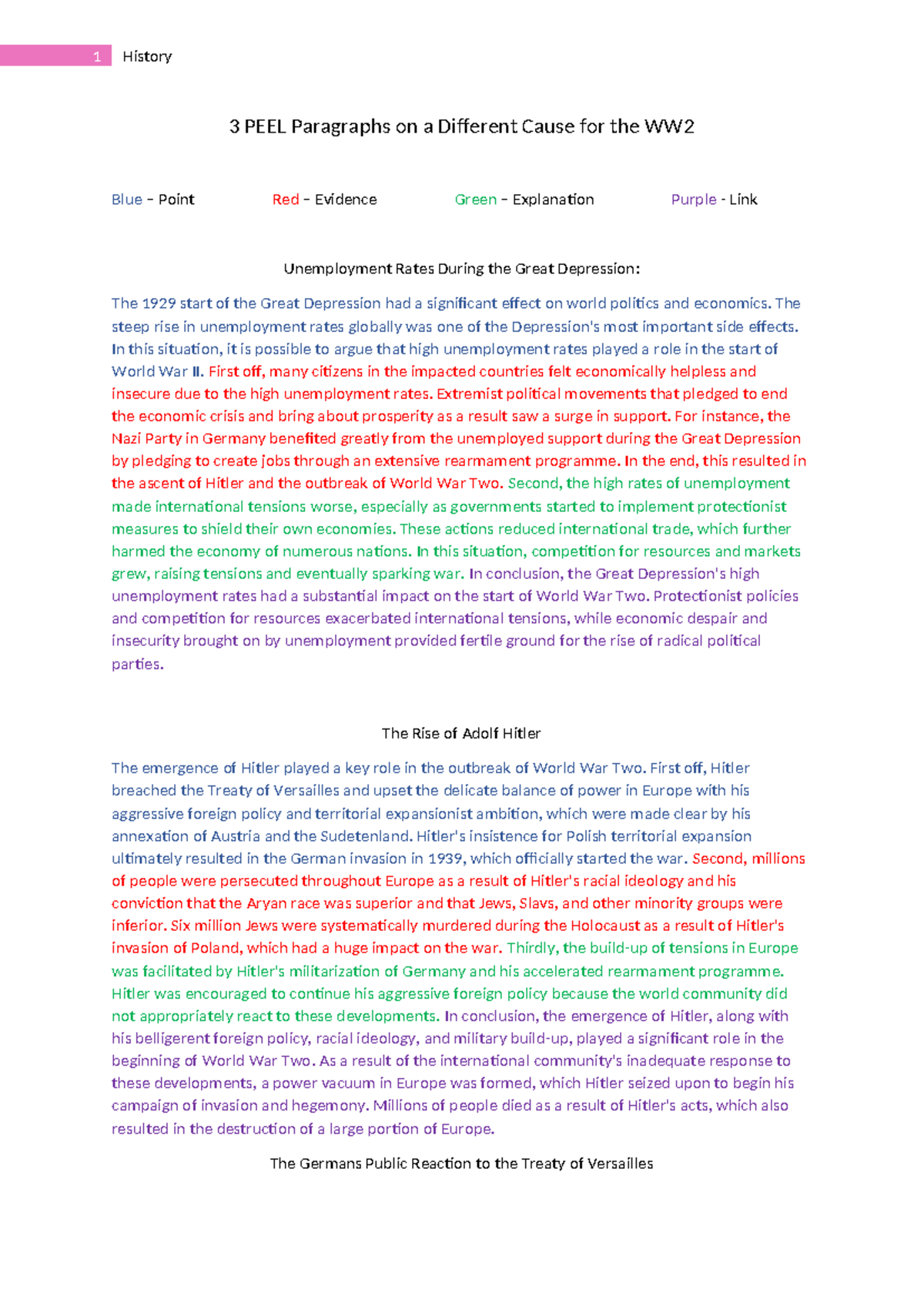 3 PEEL Paragraphs Analyzing Causes of WWII: Unemployment & Hitler - Studocu