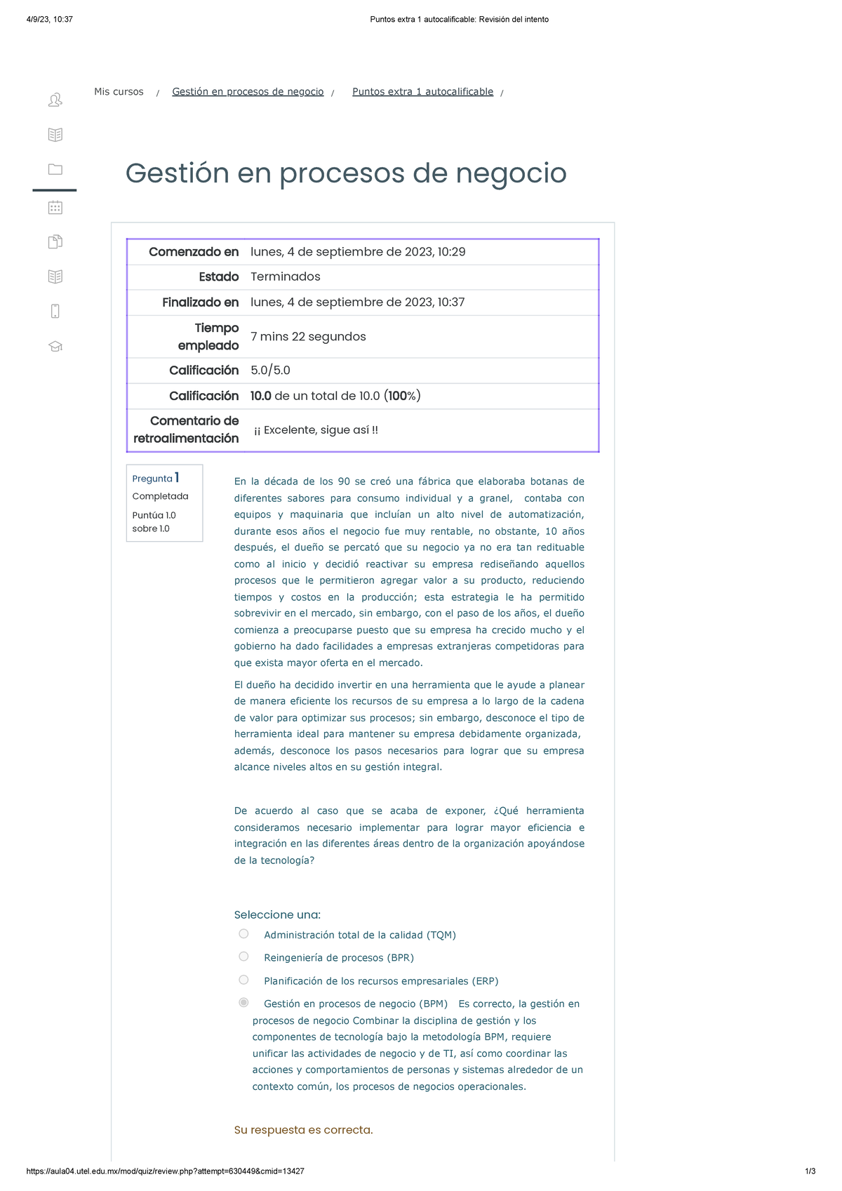 Puntos Extra 1 Autocalificable en Gestión de Procesos de Negocios - Studocu