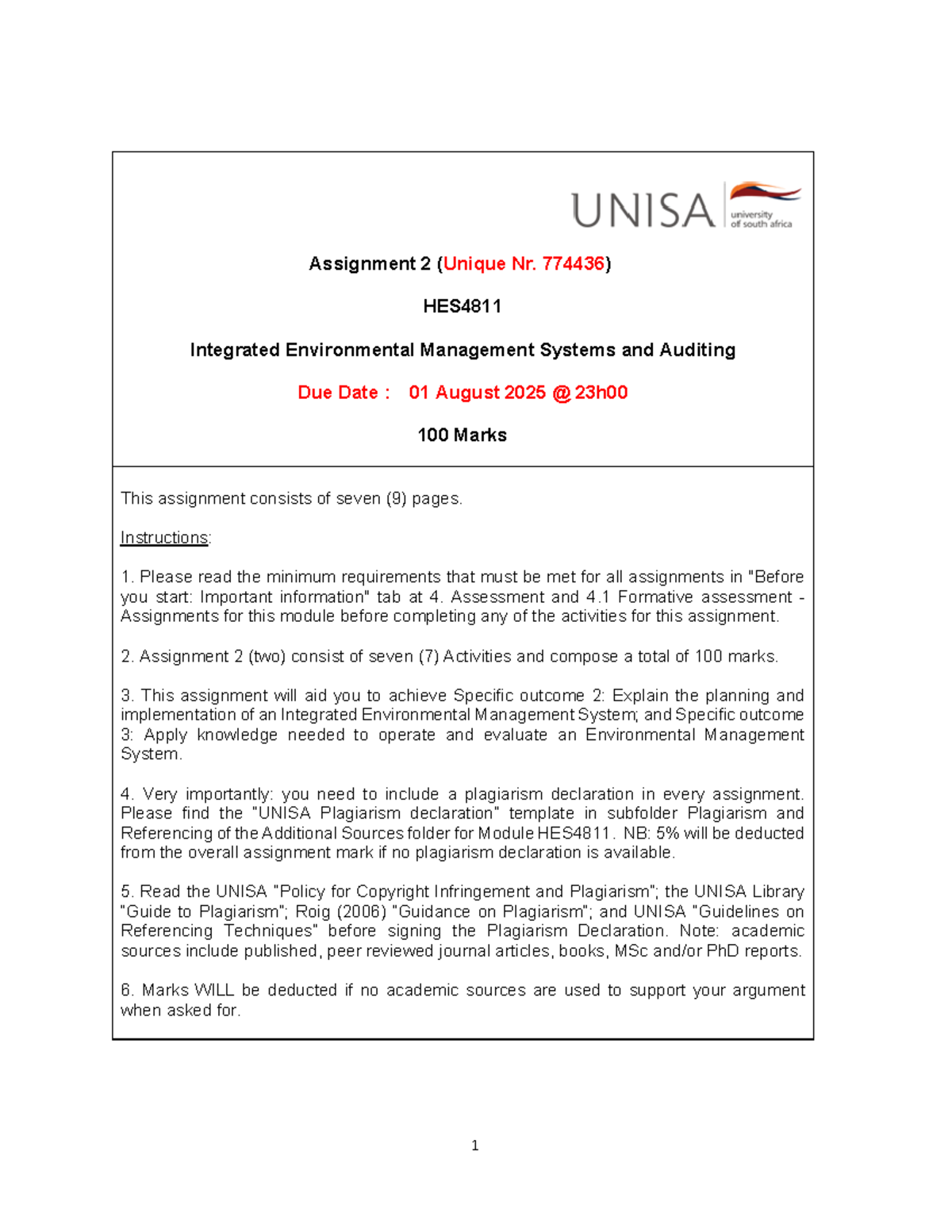Assignment 2: HES4811 Integrated Environmental Management Systems (2025 ...