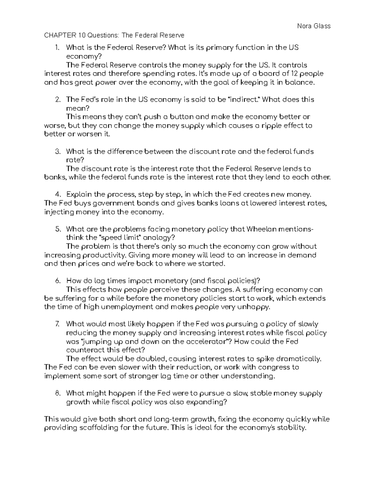 CH 10 Questions: Understanding the Federal Reserve's Role in the ...