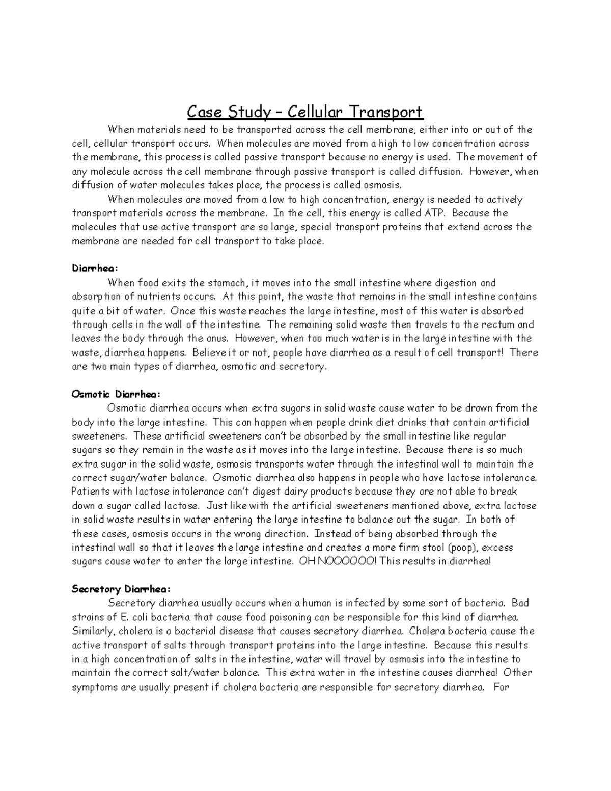 Case Study: Cellular Transport and Diarrhea Mechanisms (BIO 120) - Studocu