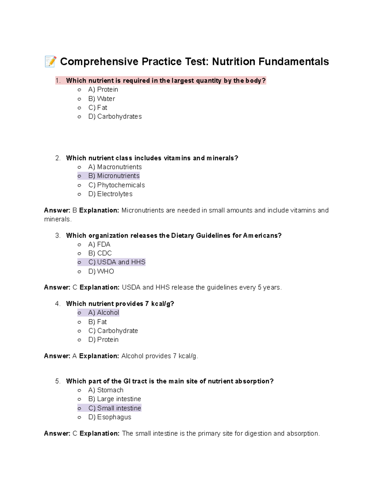 Comprehensive Nutrition Fundamentals Practice Test (NUTR 101) - Studocu