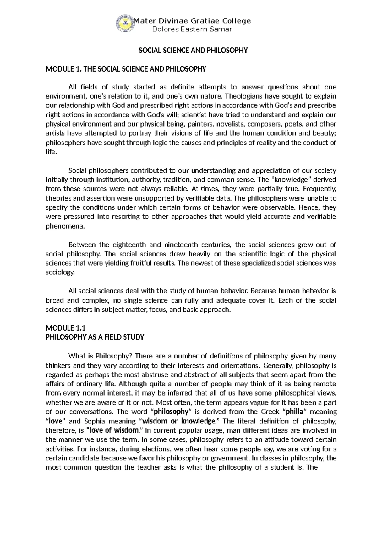 Social Science AND Philosophy Module 1 - SOCIAL SCIENCE AND PHILOSOPHY ...