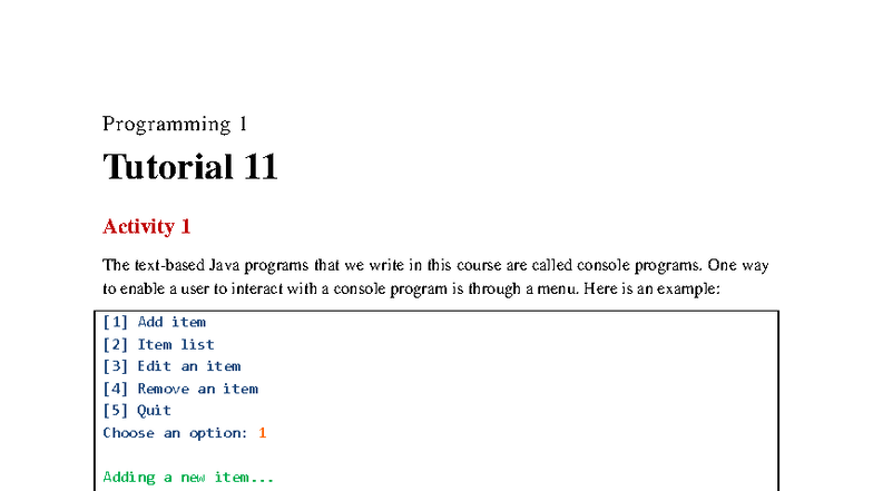 Programming 1 Tutorial 11: Menu-Driven Console Programs - Studocu