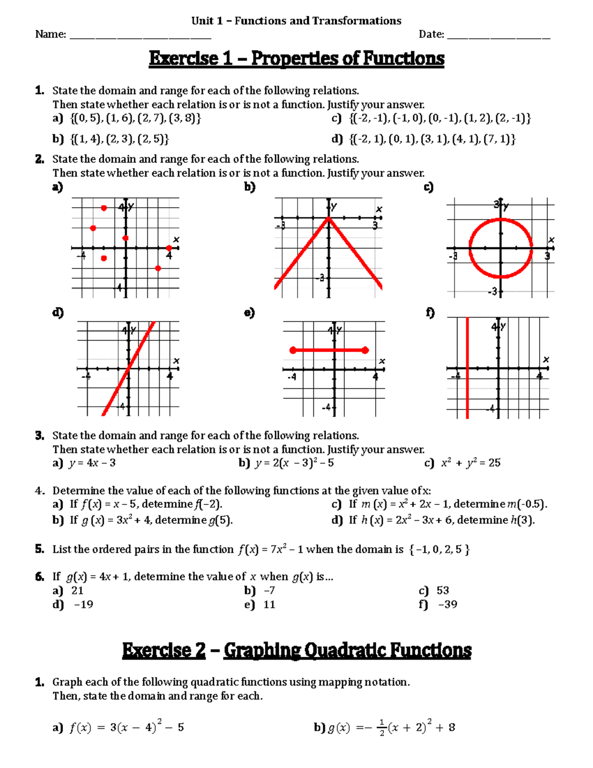 Unit 1 Functions and Transformations - Homework Exercises - Studocu