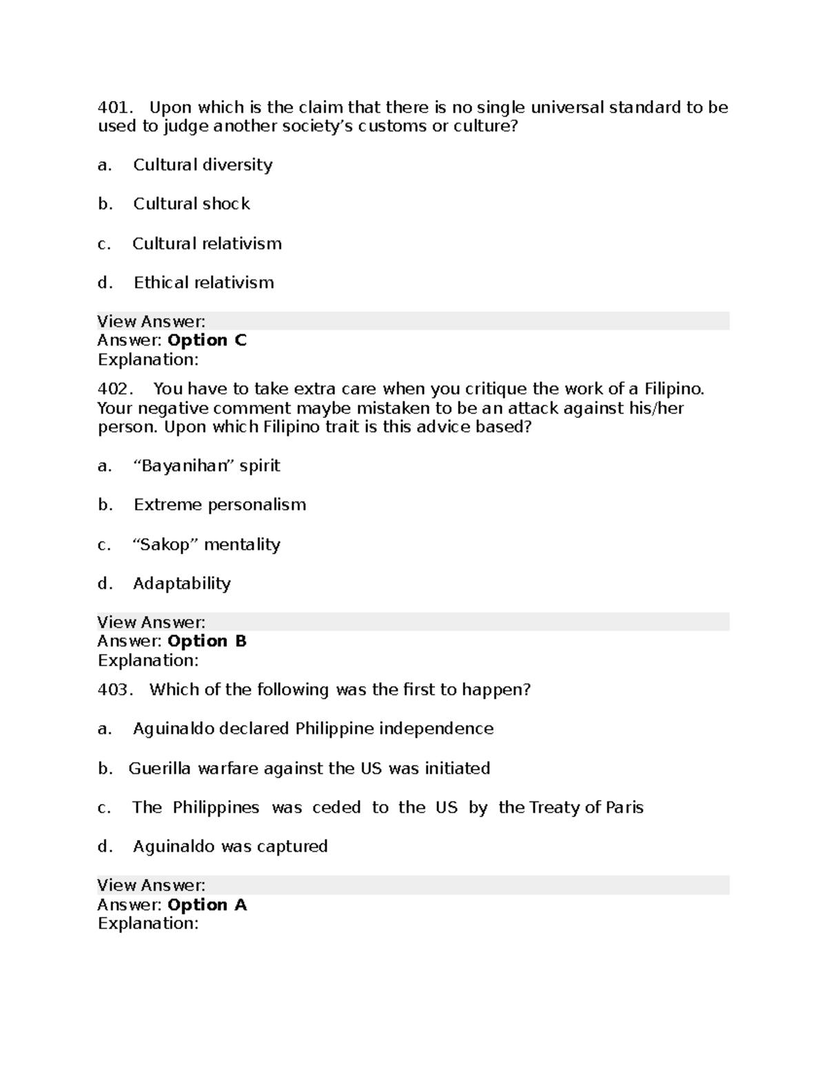 General Education 401: Quiz on Cultural Understanding and Societal ...