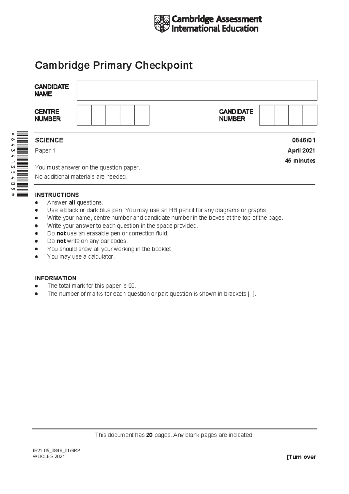 Cambridge Primary Checkpoint SCIENCE Paper 1 April 2021 - 45 Min Exam ...