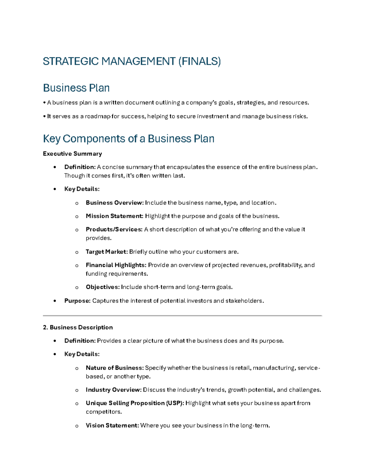 Strategic Management (FINALS): Comprehensive Business Plan Overview ...