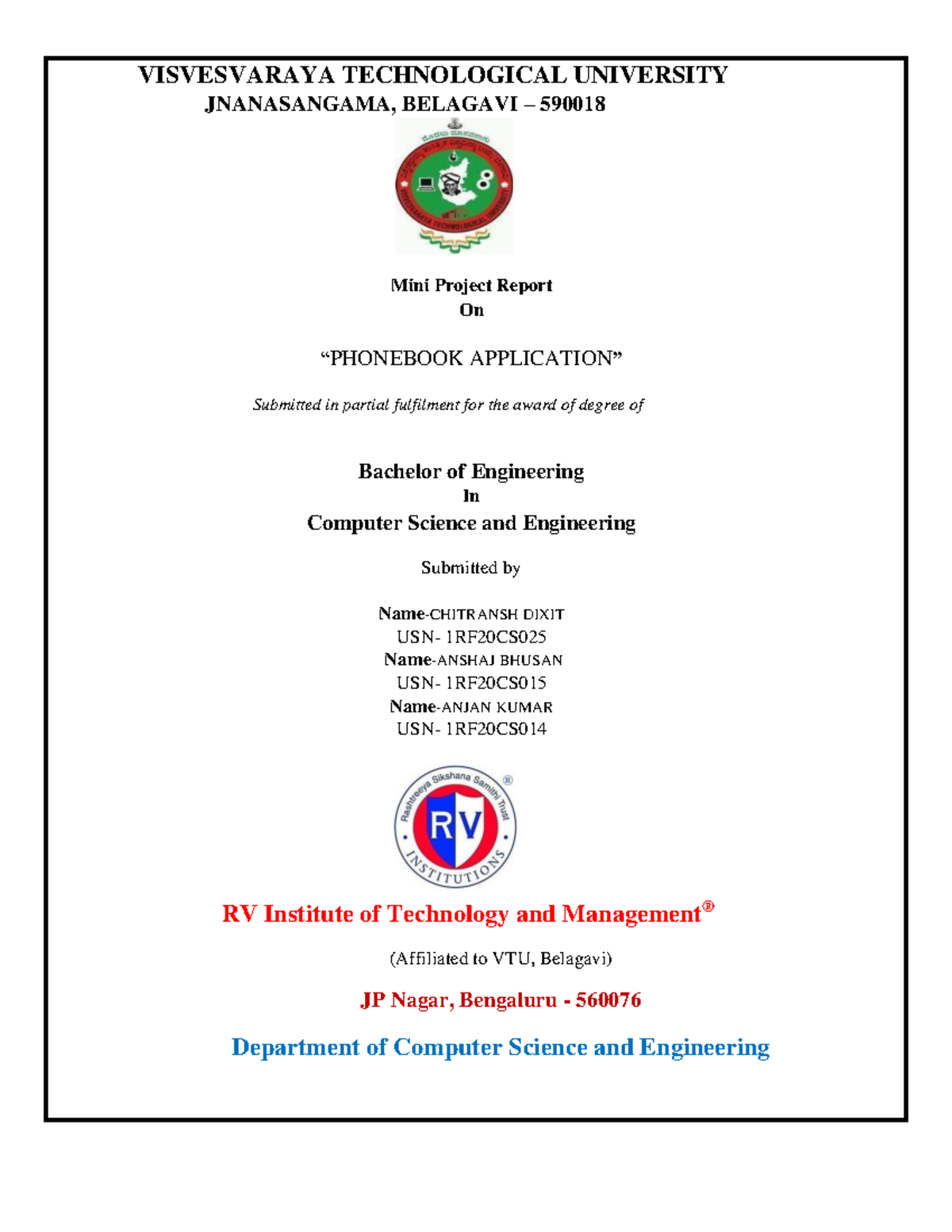 DSA Miniproject Report - VISVESVARAYA TECHNOLOGICAL UNIVERSITY ...