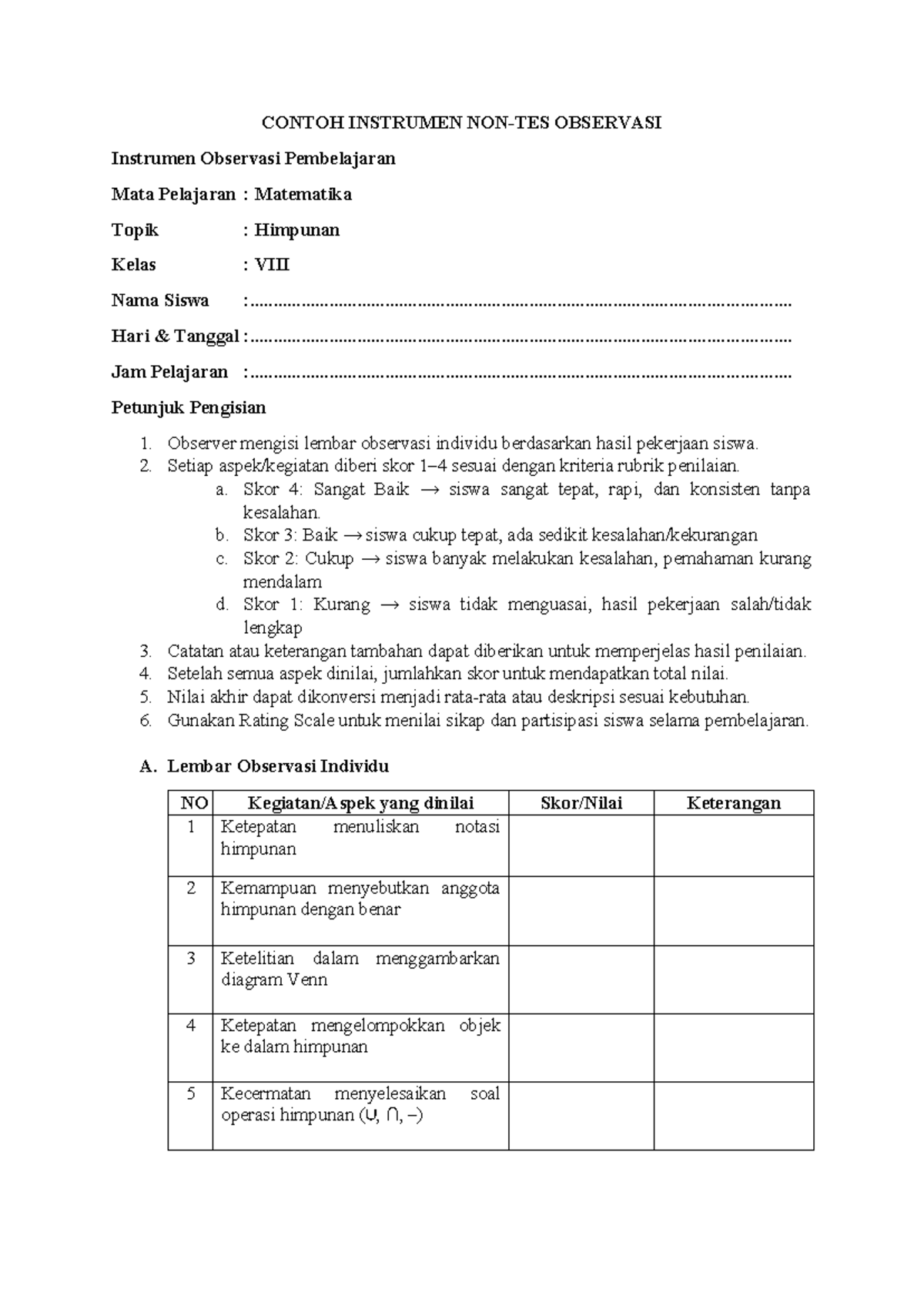 Contoh Instrumen Observasi Pembelajaran Matematika - Final Exam - Studocu
