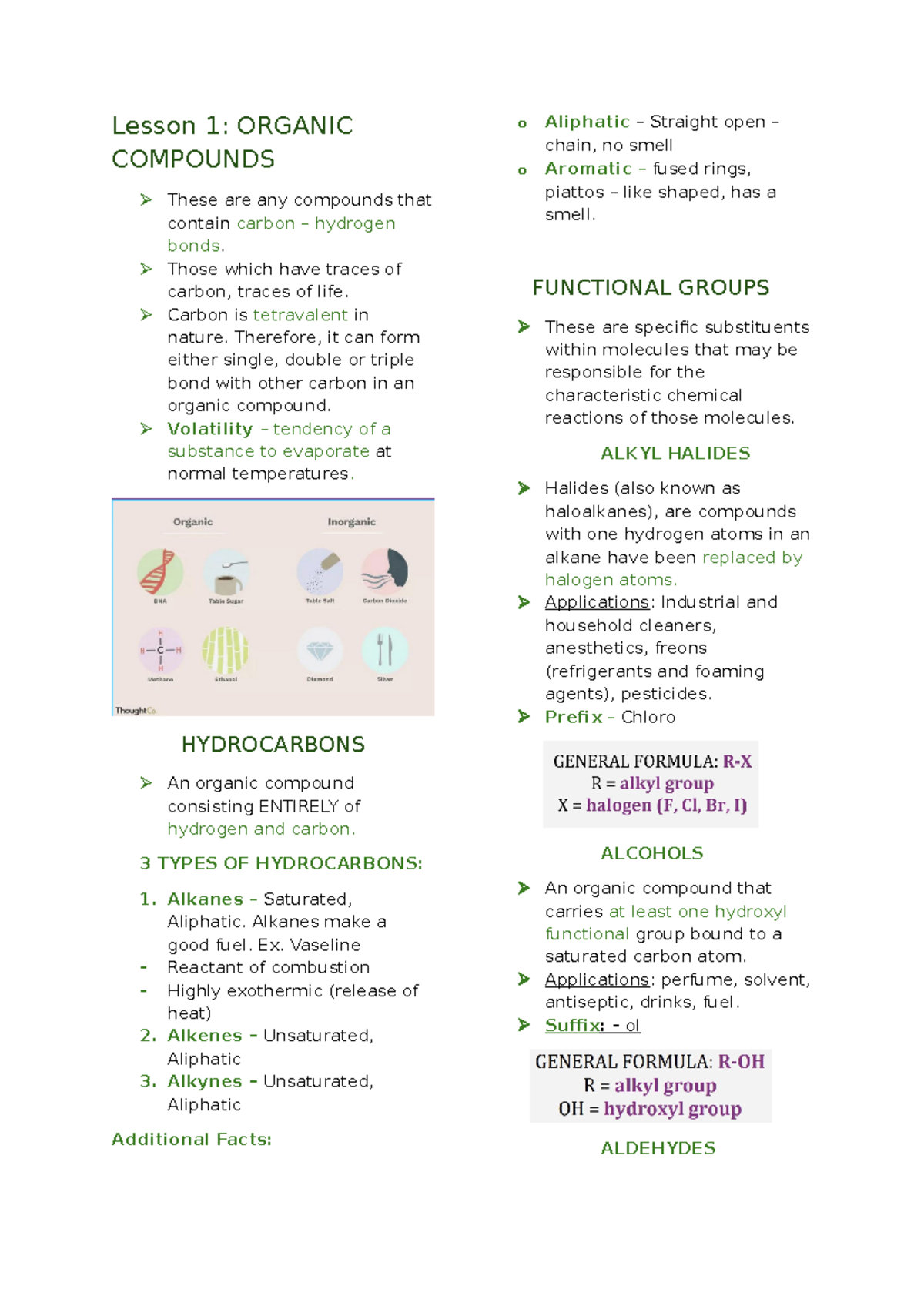 Chemistry- Notes-copy - Lesson 1: ORGANIC COMPOUNDS These are any ...
