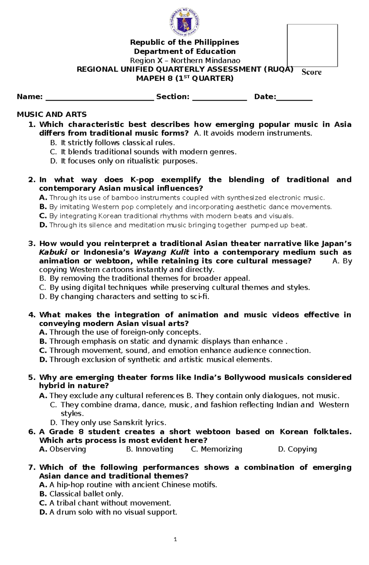 MAPEH 8 (1ST QTR) Regional Unified Quarterly Assessment Review - Studocu