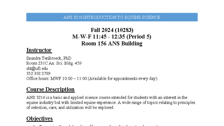 ANS 3216 Intro to Equine Science Fall 2024 Course Syllabus - Studocu