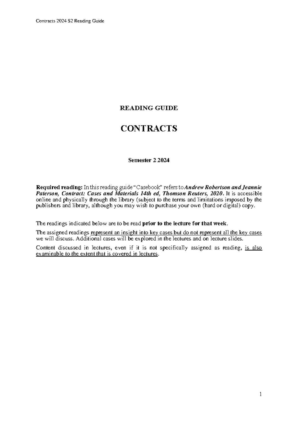 Contracts Reading Guide for Semester 2 2024 (Law Course) - Studocu