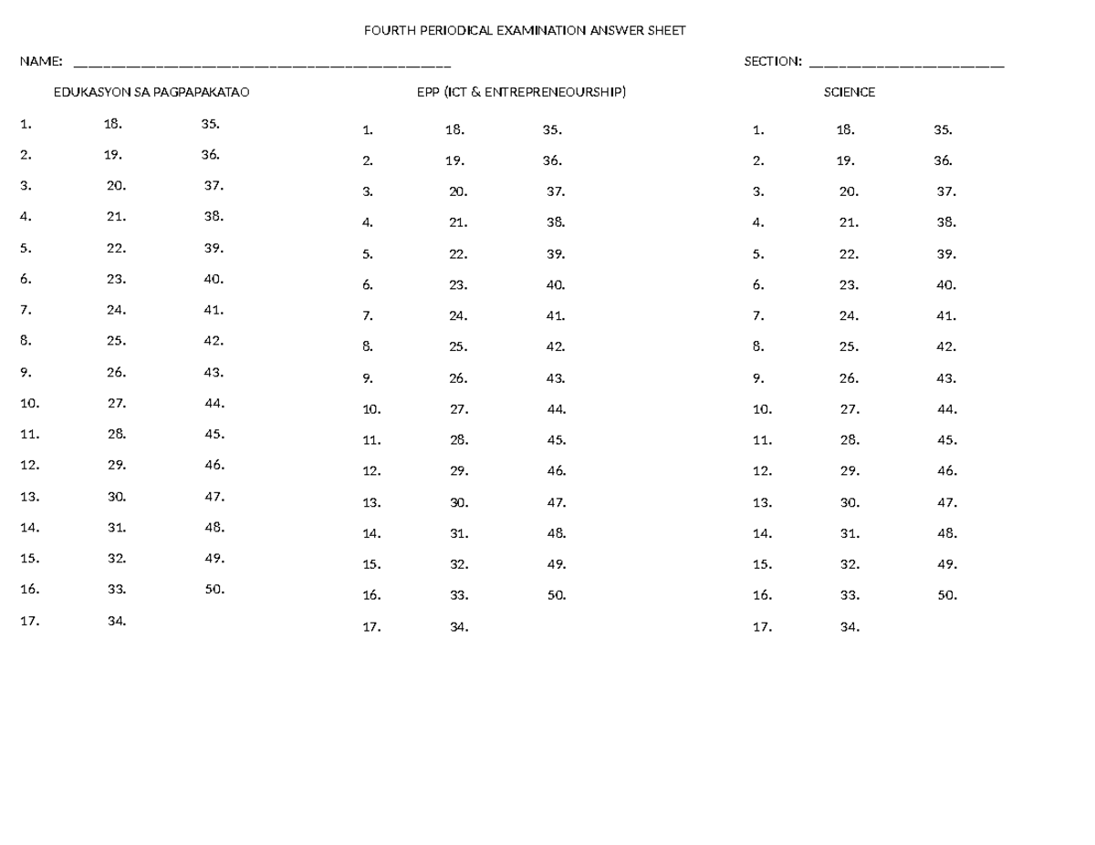 Fourth Periodical Examination Answer Sheet - FOURTH PERIODICAL ...