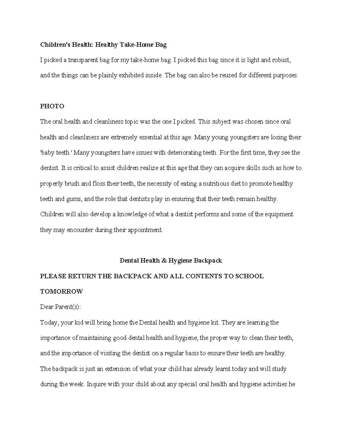 Dental Health & Hygiene Take-Home Bag Activities for Kids - Studocu