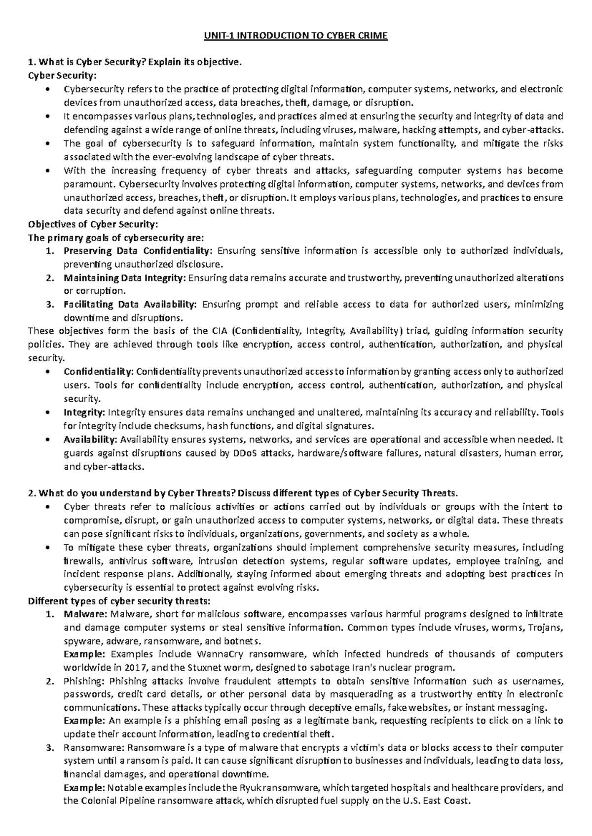 Unit 1: Introduction to Cybersecurity Concepts and Importance - Unit 1 ...