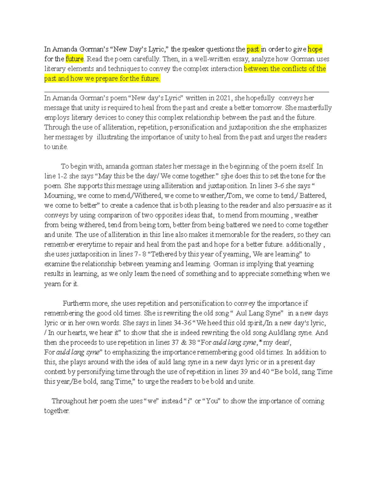 AMANDA GORMAN'S "NEW DAY'S LYRIC" FRQ ANALYSIS & ESSAY NOTES - Studocu