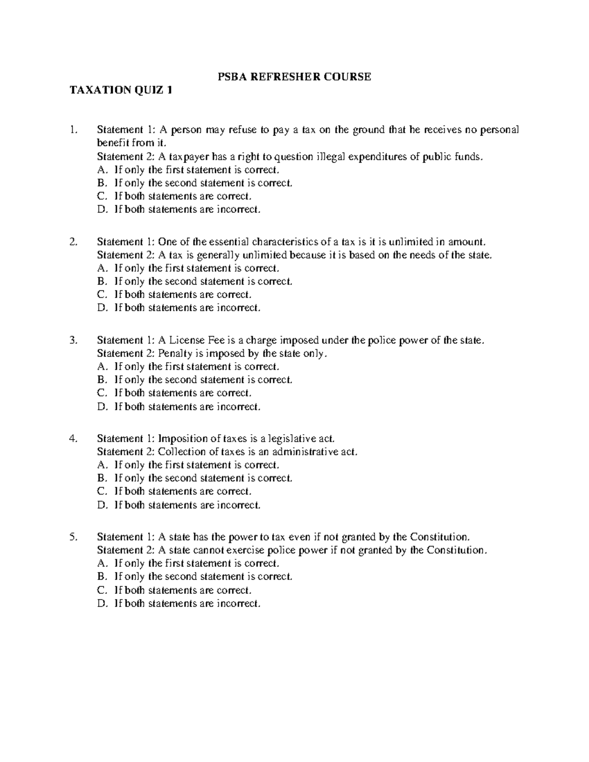 TAX 101 Quiz 1 Practice Set: Key Concepts & Statements Explained - Studocu