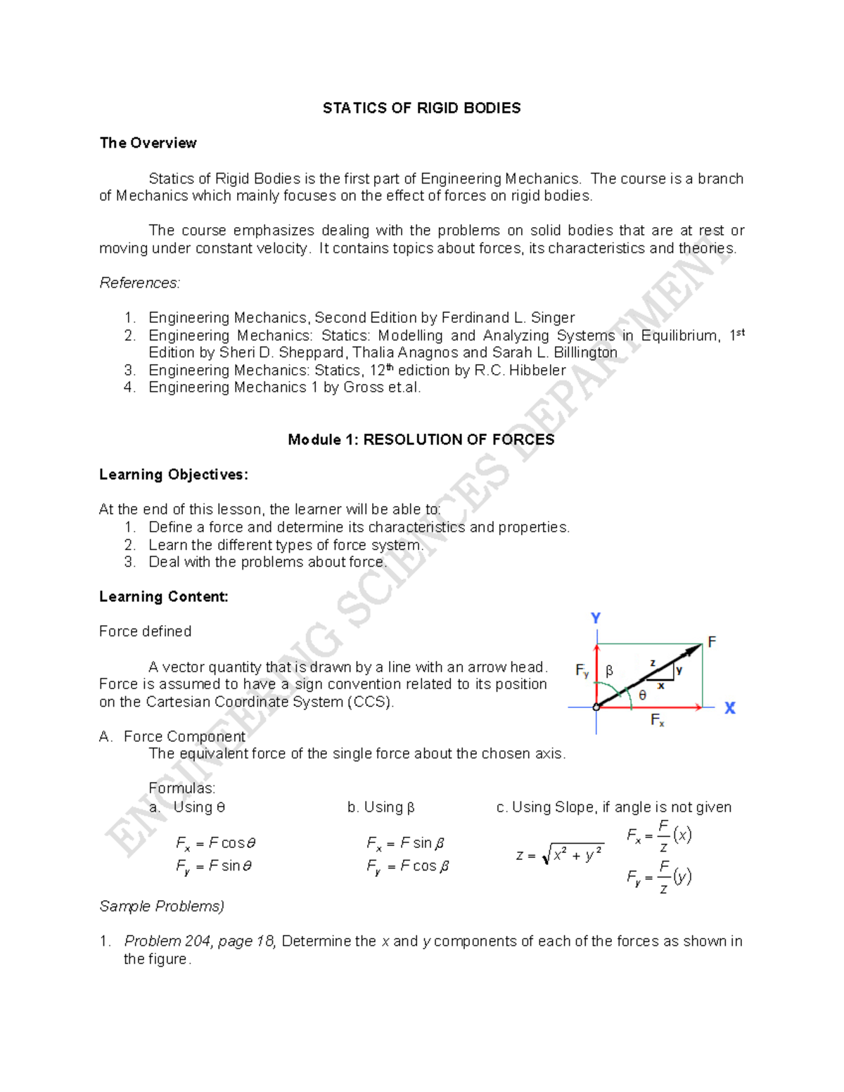 Statics of Rigid Bodies: Engineering Mechanics Course Notes - Studocu