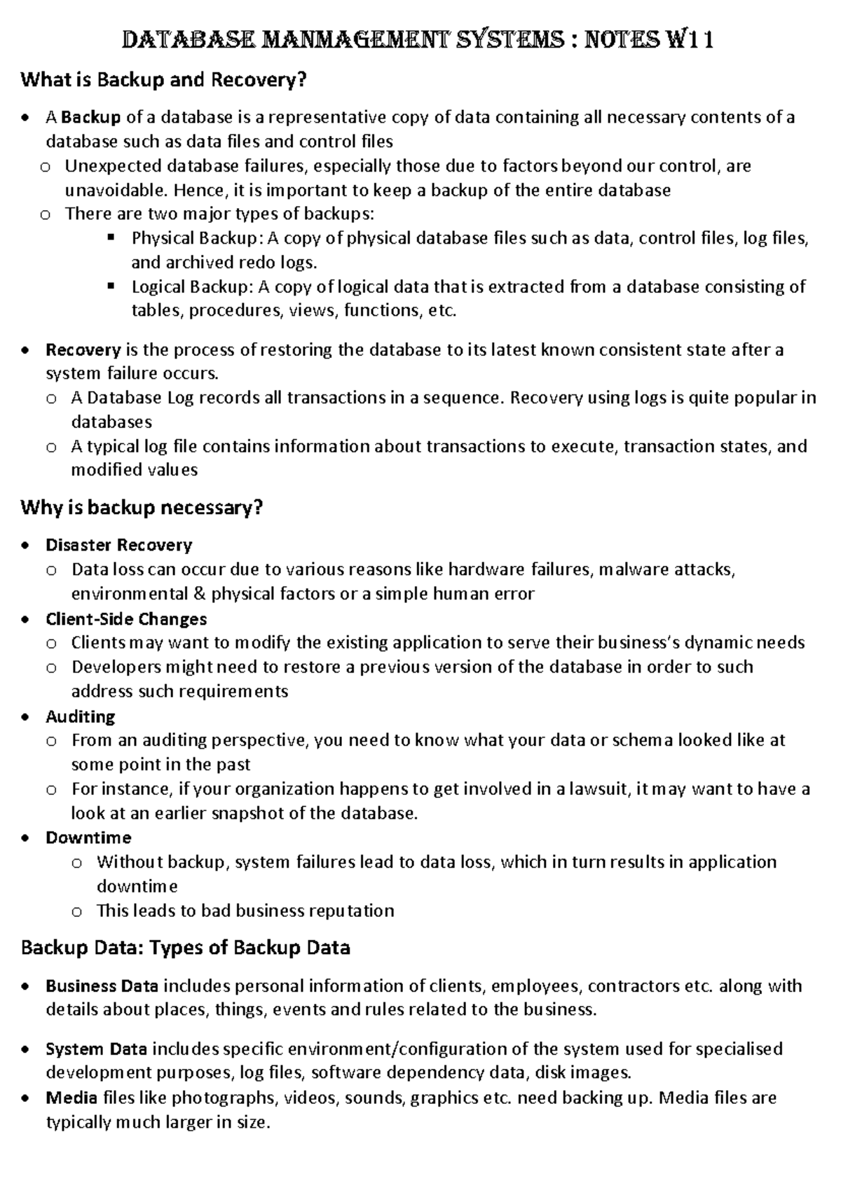 DATABASE MANAGEMENT SYSTEMS: BACKUP & RECOVERY NOTES W11 - Studocu