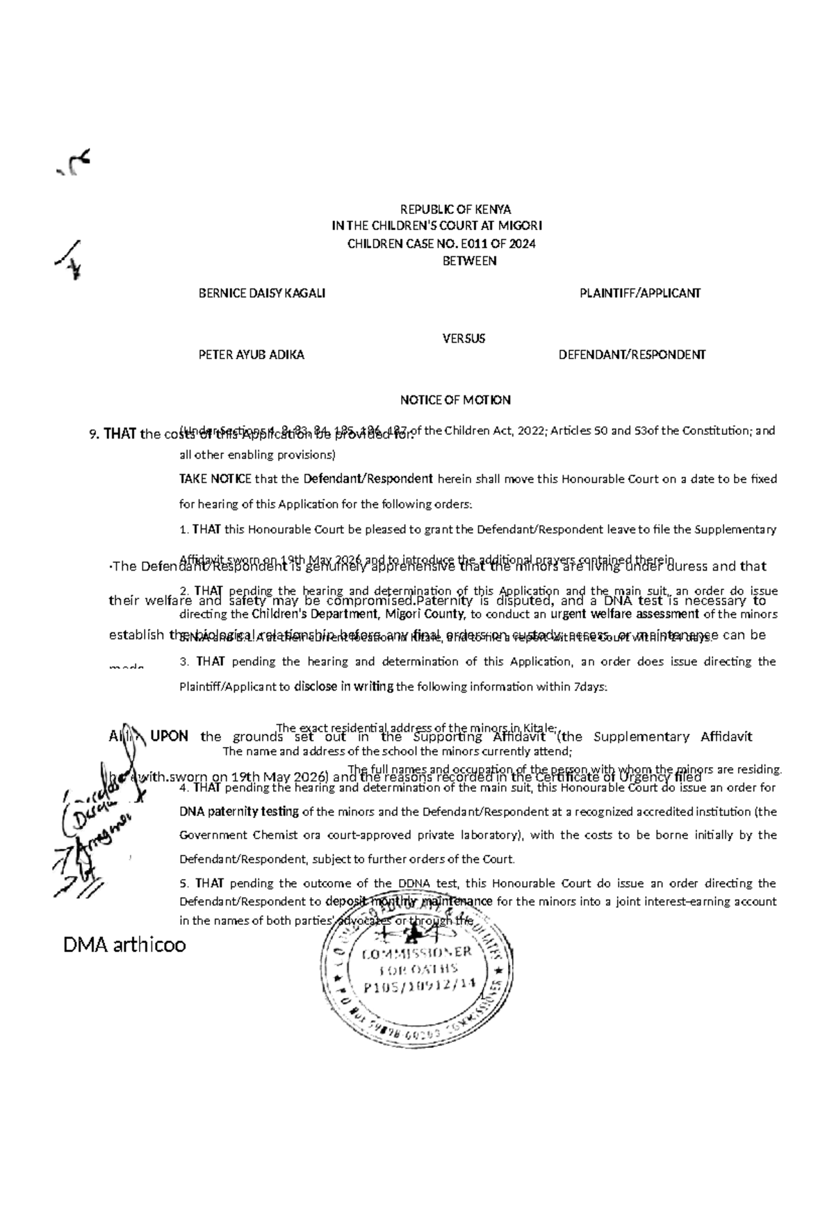 Children Case No. E011 of 2024: Notice of Motion for Welfare Assessment ...