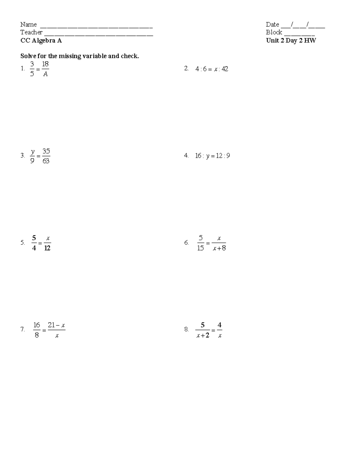 Algebra A CC Unit 2 Day 2 Homework Solutions - Studocu